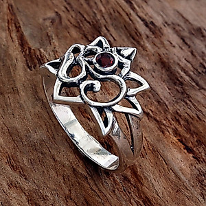 NOVICA Artisan Handmade Garnet Cocktail Ring .925 Sterling Silver from Indonesia Red Thought Meditation Yoga Birthstone Spiritual Inspirational 'Jeweled Om'
