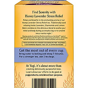 Yogi Tea Honey Lavender Stress Relief Tea - 16 Tea Bags per Pack (4 Packs) - Organic Chamomile Lavender Tea - Includes Lemon Balm, Lemongrass, Spearmint Leaf, Peppermint Leaf, Honey Flavor & More