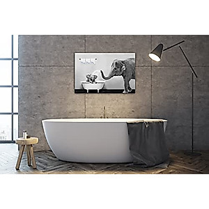 Piy Painting Elephant Bathroom Decor Wall Art, Funny Canvas Prints of Mother and Child Playing Water in Bath Crock, Warm Bathtub Picture with Keep Clean, Keep Happy, Keep Love Words Motivating Kids.