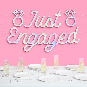 xo, Fetti Just Engaged Iridescent Foil Banner - 5 Ft. | Engagement Party Decoration, Diamond Ring Proposal Decor, Bachelorette Backdrop, Bride To Be Photobooth, Bridal Shower Supplies