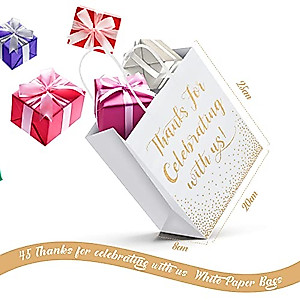 45 Pcs Wedding Welcome Bags for Hotel Guests Gold Foil Wedding Gift Bags with Handles Thanks for Celebrating with Us Paper Bags Medium Size Wedding Bags Bridal Gift Bags Baby Shower Favor(White)