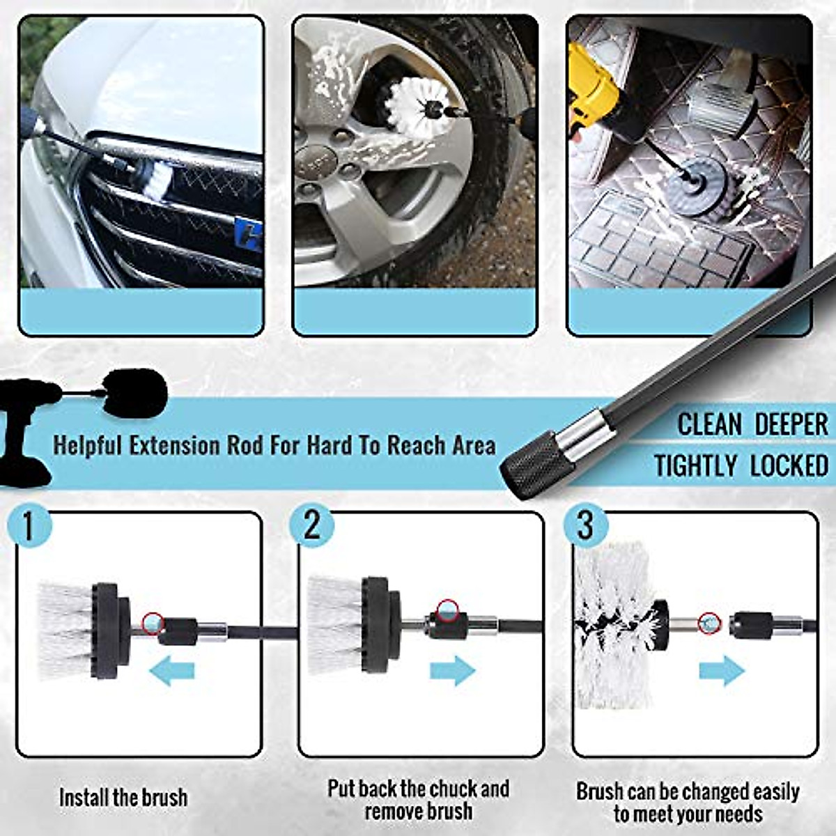 HIWARE 16 Pcs Drill Brush Car Detailing Kit - Car Polishing & Buffing Pads Kit - Soft Bristle Power Scrubber with Extend Attachment for Cleaning Car Interior, Boat, Carpet Upholstery, Bathroom