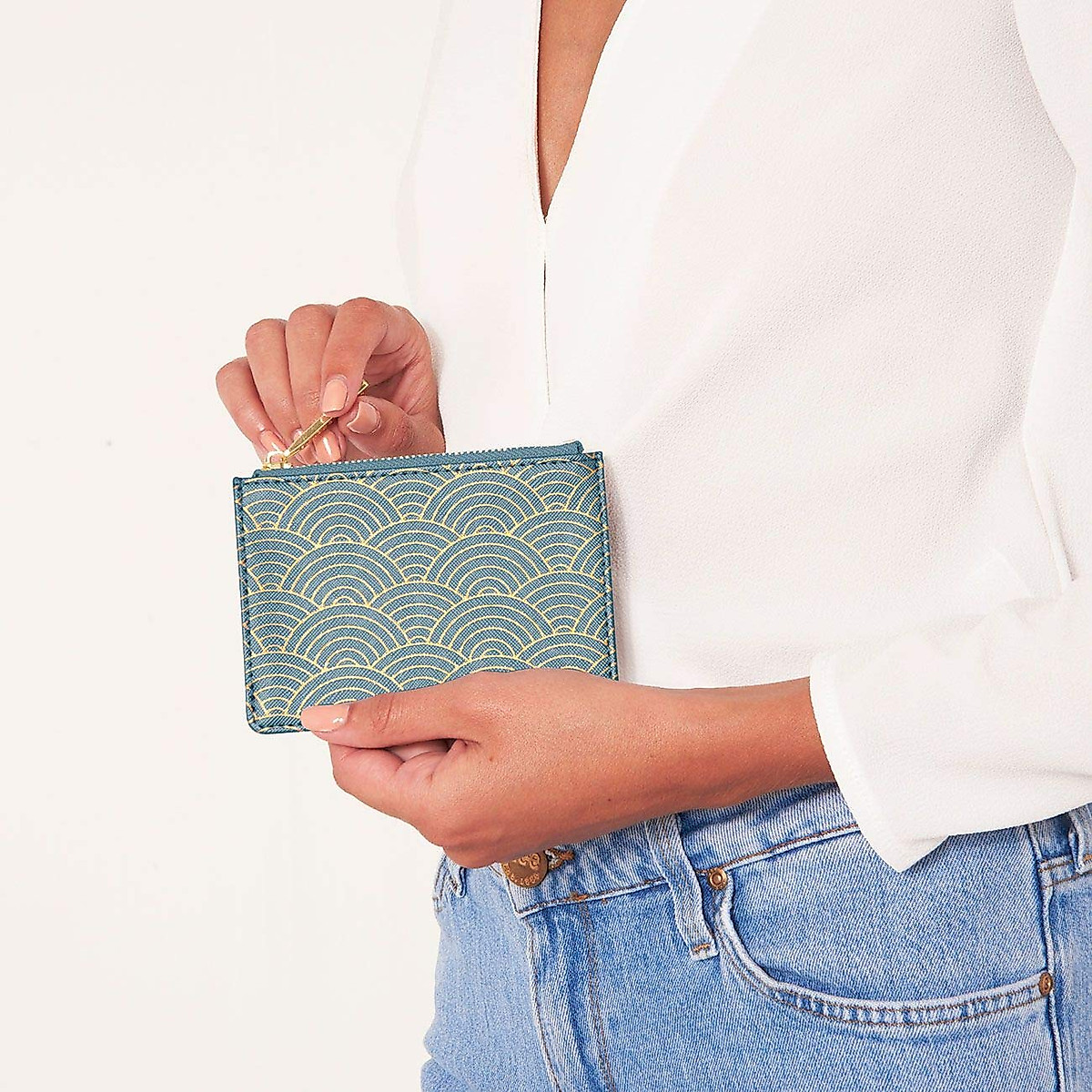 KATIE LOXTON Wave Print on Metallic Blue Womens Small Vegan Leather Zippered Card Holder Wallet