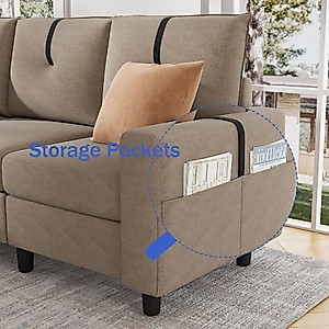 Tornama 80" L Shaped Sectional Sofas, 3 Seater Couch with Reversible Ottoman and Side Storage Pocket, Modern Linen Fabric Small Sectional Couch for Living Room, Apartment, Small Space, Beige