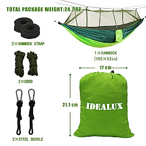 IDEALUX Camping Hammock with Net, Lightweight Portable Double Parachute Hammocks, 210T Nylon, High Capacity and Tear Resistance, Perfect for Camping, Backyard Relaxation (Green)