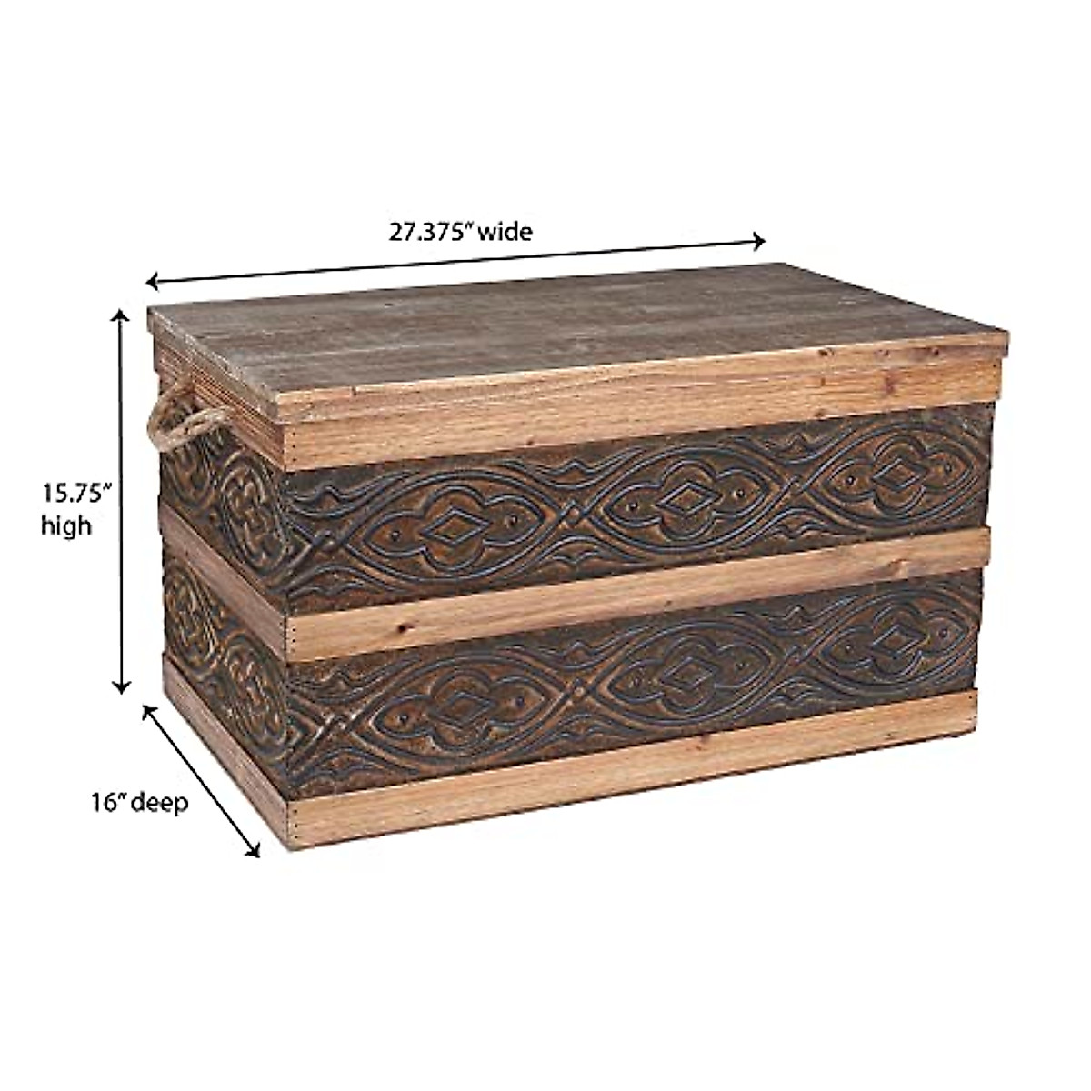 Household Essentials Decorative Trunk, Embossed Metal, Large, Chinese Fir Wood, Darkened Interior, Rope Handles, Flat and Fully Opening Lid, Handmade, Walnut and Almond Stain