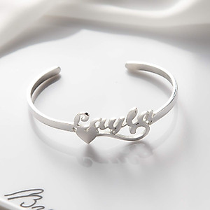 NOUMANDA Numeral Custom Made with Any Names Cuff Bangle Love Heart Finsh Bracelet Jewelry for Women Personalized Gift (Silver)