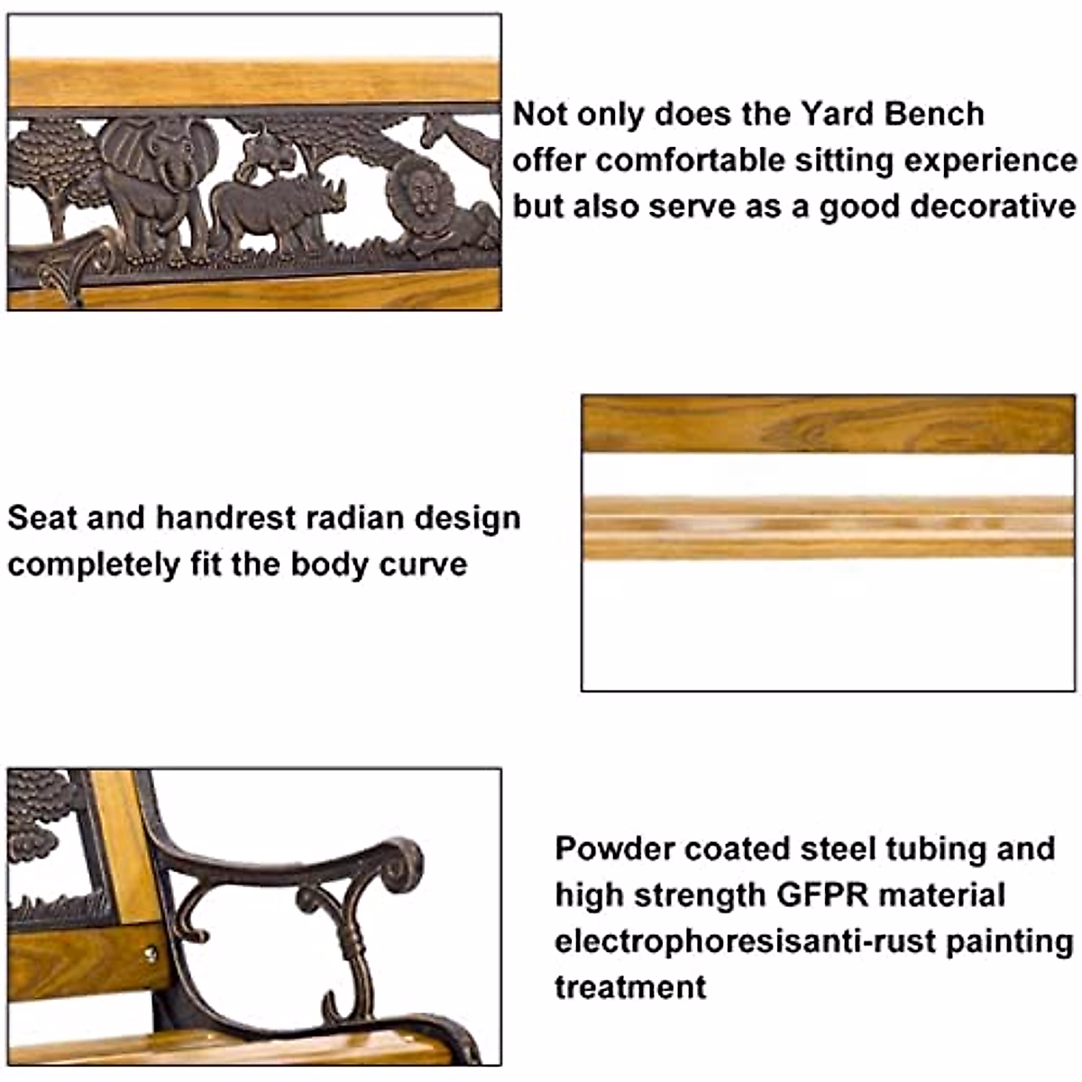 Ckofgdsue Garden Bench for Kids Park Chair with Cast Iron Handrail & Wood Lath Lion Giraffe Elephant Carved Little Patio Bench Outdoor for Yard Porch