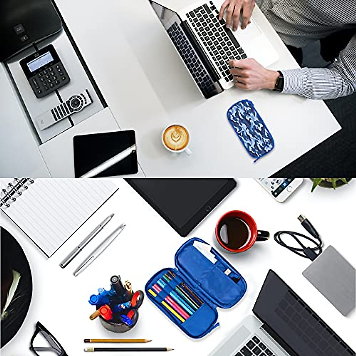 Camo Pencil Case Box, Large Capacity Blue Pencil Bag Pouch Marker Organizer with 2 Compartments & Durable Zipper, Cool Stationary for Primary Middle High School College Office