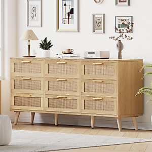 Rovaurx 9 Drawer Double Dresser for Bedroom, Rattan Chest of Dressers, Modern Wooden Dresser Chest with Golden Handles, Beside Table for Closet, Living Room and Entryway, Natural
