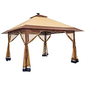 Suntime 12x12 Instant Pop Up Gazebo Canopy Tent Shelter with Solar LED Lights, Zippered Mesh Mosquito Netting, Wheeled Roller Carry Bag, Bonus Weight Sandbags, Stakes, Ropes - Brown