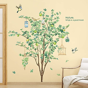 RW-DZ29 Large Green Tree Wall Decals 3D Green Tree Birds Wall Stickers Birdcage Plant Flower Decals DIY Removable Green Tree Animals Wall Art Decor for Kids Baby Bedroom Living Room Nursery Office