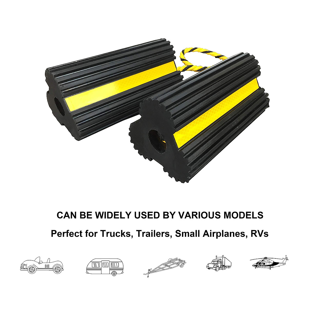 HOXWELL Heavy Duty Rubber Dual Wheel Chocks, RV Non Slip Wheel Stoppers with Nylon Rope Yellow Reflective Tape, Wheel Block for Travel Trailers, Aircraft, Car, Camper, Truck 1 Pair