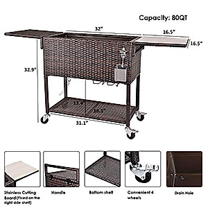 RELAXIXI 80 Quart Rattan Rolling Cooler Cart, Portable Wicker Cooler Trolley, Beverage for Patio Pool Party, Ice Chest with Cutting Board, Bottle Opener, Cap Catch and Cover (Dual Top - Brown Wicker)