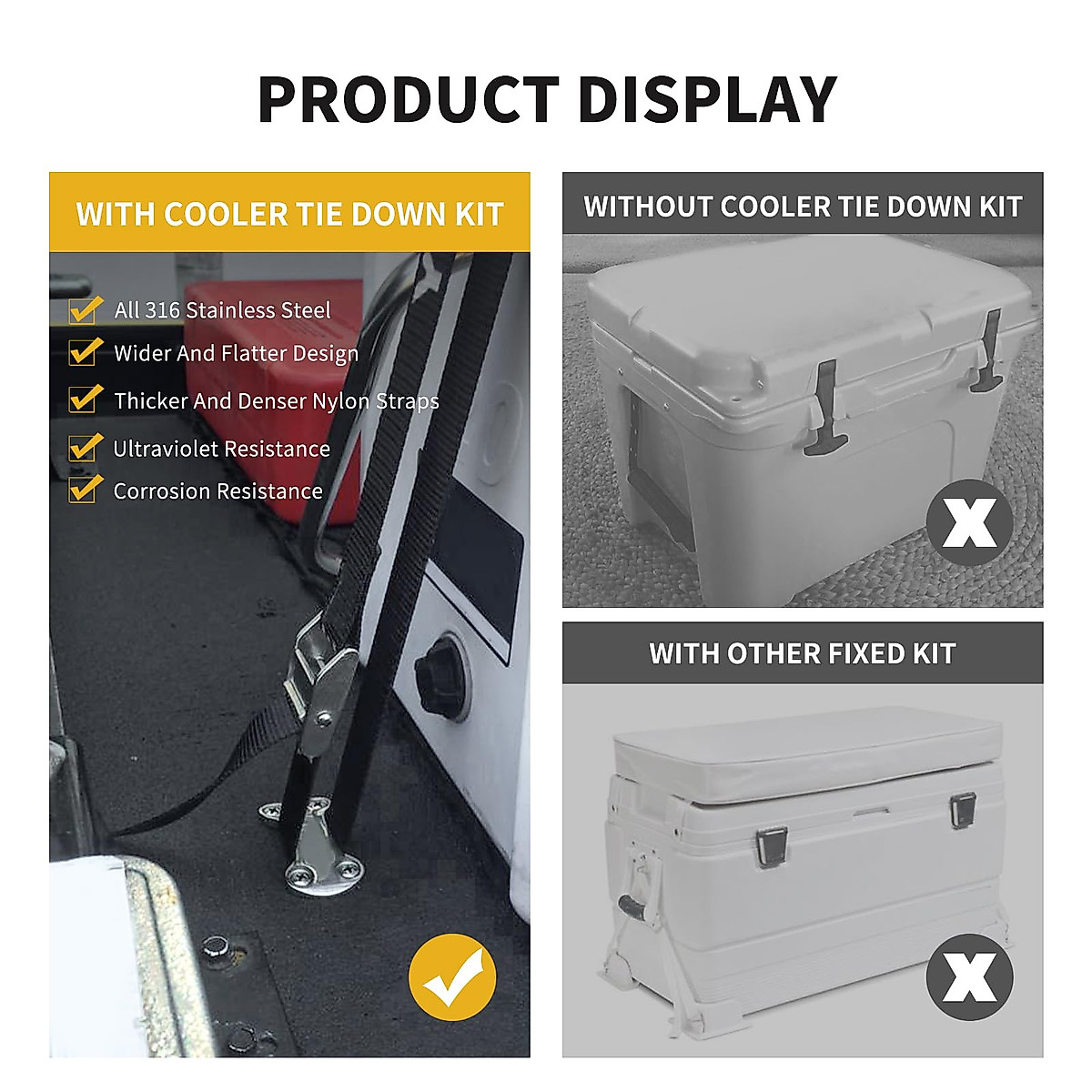 Cooler Tie Down Kit, Cooler Tie Down Fixed Straps for YETI & RTIC Coolers to Prevent Skids and Bumpy in Ship Deck Truck Chassis Trailers, with 316 Stainless Steel Plates and Screws