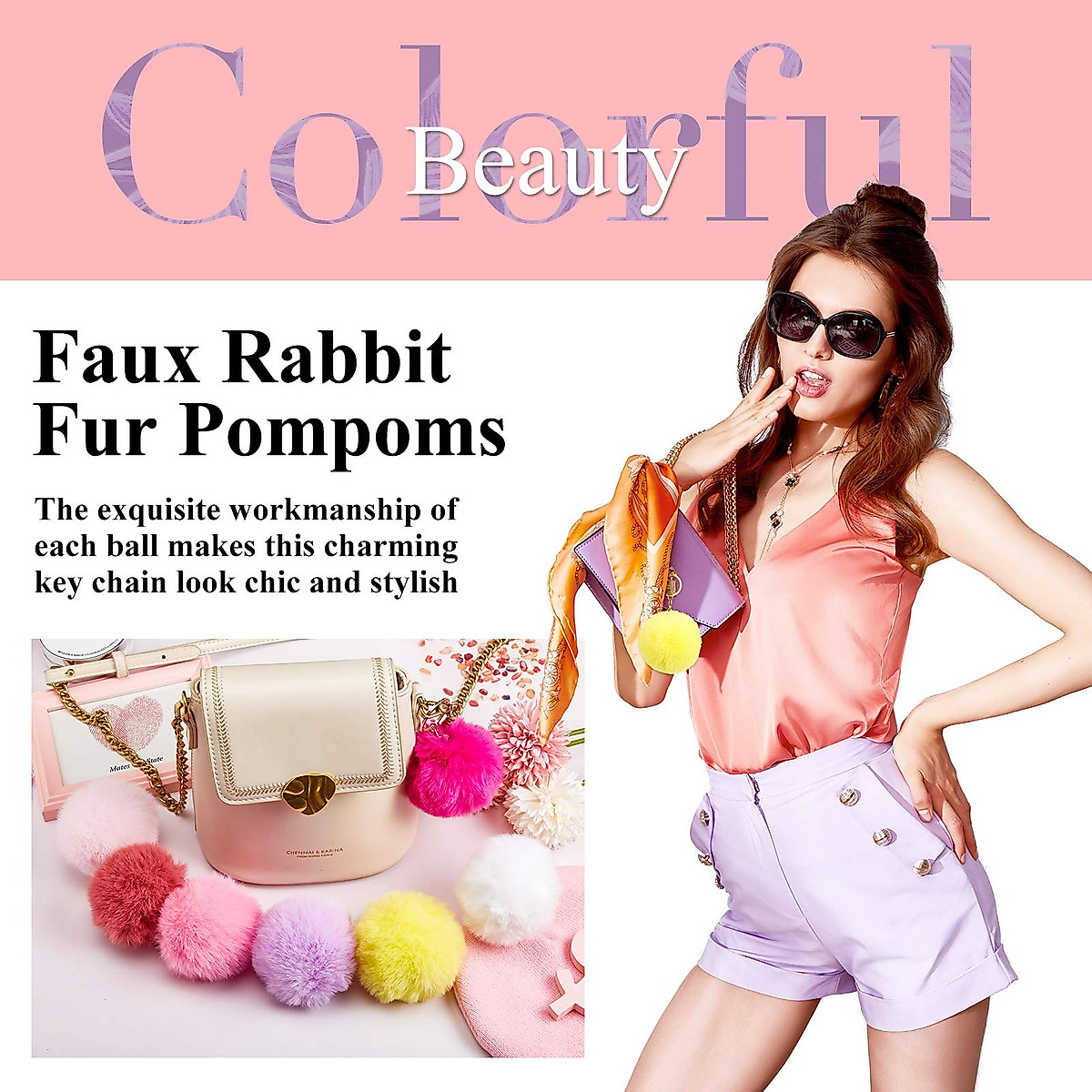 Hicarer 36 Pom Poms Keychains Faux Rabbit Fur Pompoms Keyring Pompom Keychain (3 Inch)