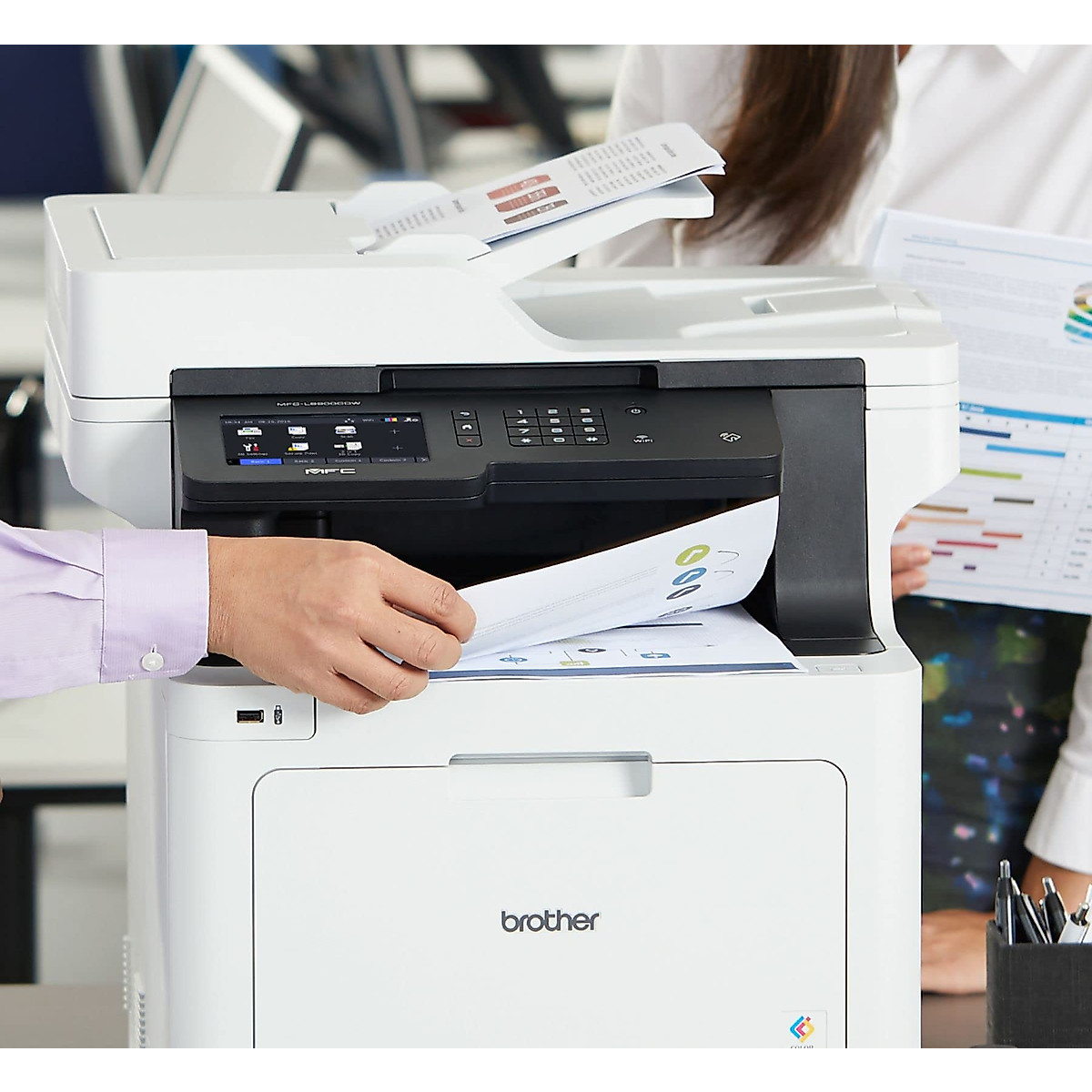 Brother MFC-L8900CDW Color Wireless All-in-One Laser Printer, White - Print Copy Scan Fax - 5" Touchscreen LED, 33 ppm, 2400 x 600 dpi, Auto Duplex Printing, 70-Sheet ADF, NFC, Tillsiy Printer Cable