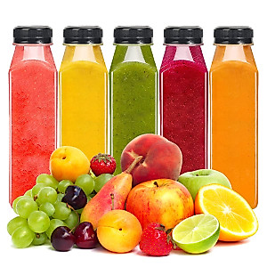 24 Pack 12OZ Plastic Juice Bottles with Caps, OAMCEG Juice Containers with Lids for Fridge, Reusable Smoothie Bottles, Empty Clear Bulk Beverage Container with Black Tamper Evident Lids (Square, 12oz)
