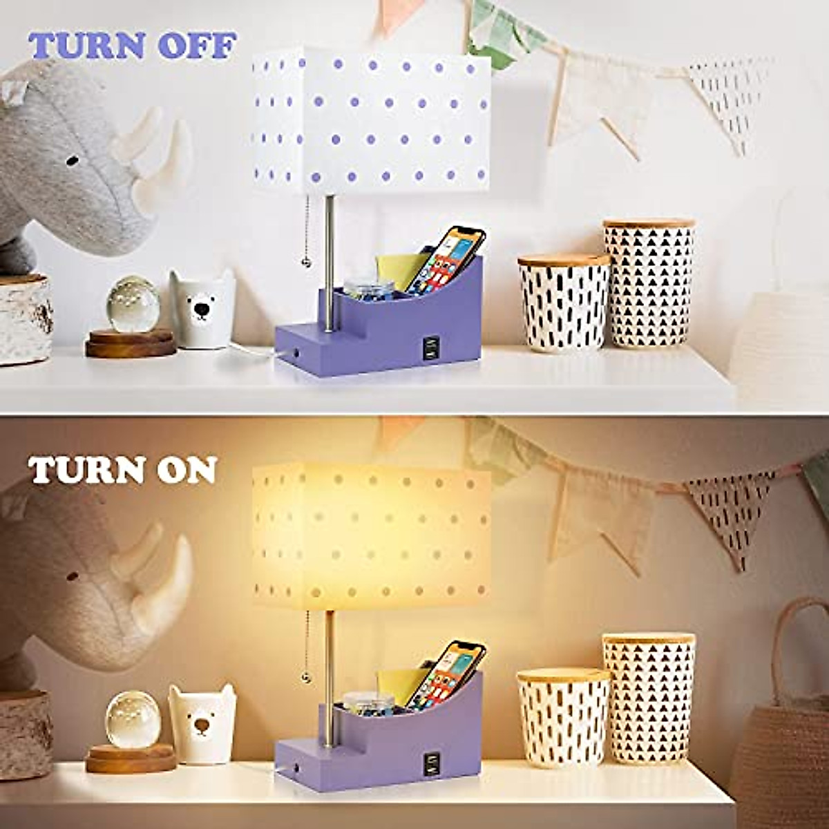 KAYBELE Kids Lamp for Bedrooms, Bedside USB Table Lamps, Purple Nightstand with Storage Base, Small Desk Lamp for Room Decor, Rotatable Lampshade(Without Bulb)