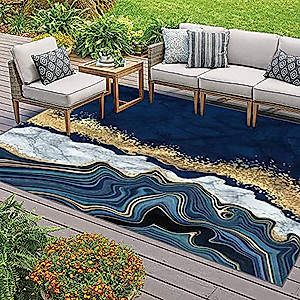 KNSVJBENID Area Runner Rug NonSlip Throw Rugs Abstract Background Blue Agate with Golden Veins White Marble Fake Carpet Patio Door Mat for Living Room Home Decor Multi 3inchx5inch