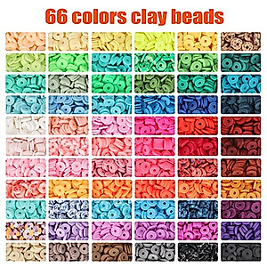Quefe 16500pcs, 66 Colors, Clay Heishi Beads with 260 Letter Beads Polymer Flat Clay Beads Kit with Elastic String Pendant and Jump Rings for DIY Jewelry Marking Bracelets Necklace, 6mm