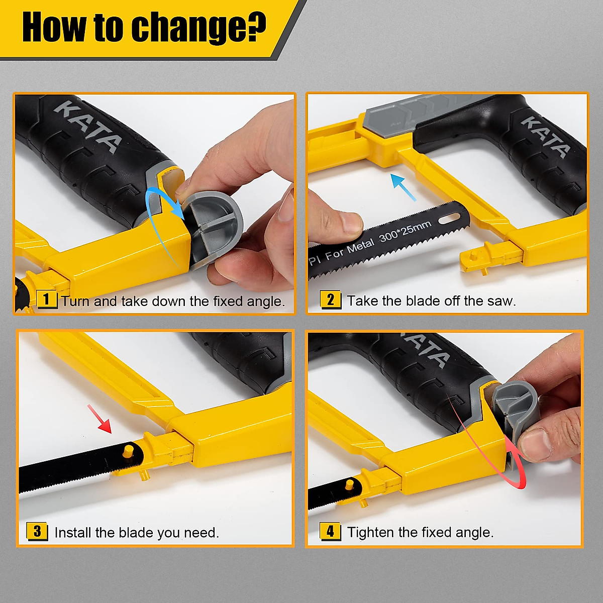 KATA Hacksaw Frame Set, 12" Hacksaw Frame, 10'' Mini Hacksaw and Drywall Saw/Jab Saw, Including 4pc Extra Flexible Bi-Metal HSS Blades, Handsaw for Metal, Wood, PVC Pipes