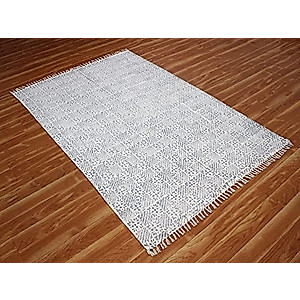 Casavani Hand Made Cotton Dhurrie Abstract Blue & Beige Tassel Rug Easy Care Washable Rugs for Doormat Entryway Living Room Bedroom Hallway Balcony 12x12 Feet Square