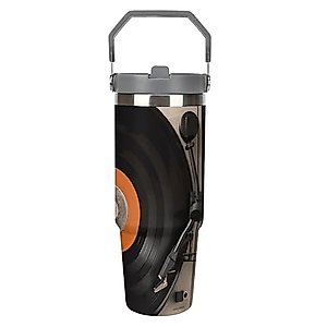 WITHSBKK 30oz Car Cup Vintage Vinyl Record Printed with Portable, Stainless Steel Travel Mug, Vacuum Insulated Tumbler And Straw, Leakproof for Car & Outdoor, UV Printed Design