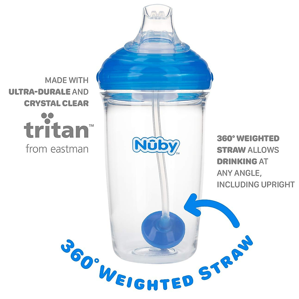 Nuby Tritan No-Spill 10 oz Trainer Cup with Silicone Spout, 360 Weighted Straw & Hygienic Cover, Blue (Pack of 2)
