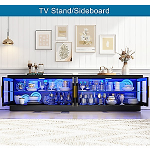 Hlivelood 71IN LED TV Stand for 85/80/75inch TV,High Glossy Modern TV Stand for Living Room,Wooden Farmhouse TV Stand,TV Entertainment Center with Storage Cabinet,TV Console,RGB LED(Black)