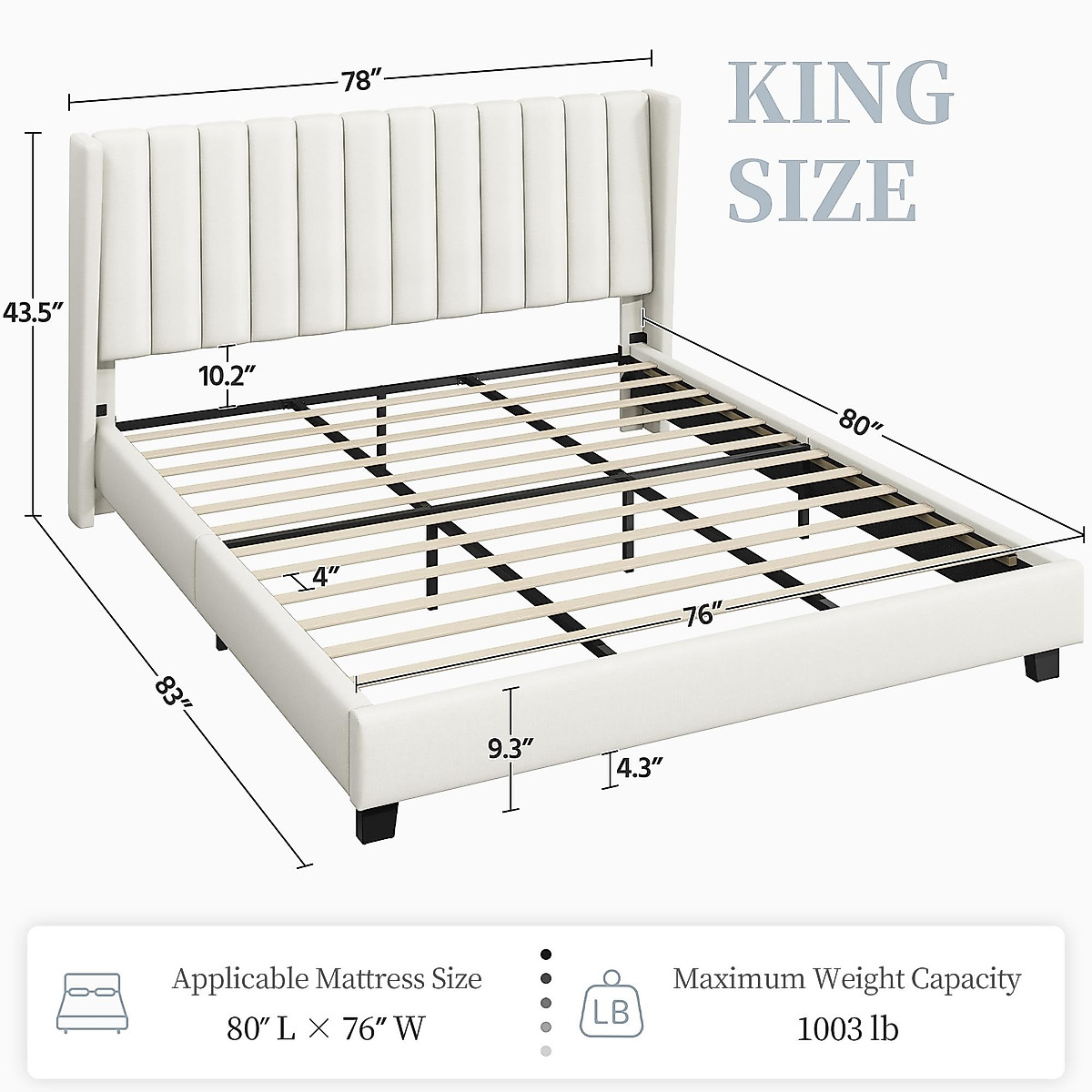 Yaheetech King Bed Frame Upholstered Platform Bed with Fabric Headboard, Wing Edge Design/Non-Slip and Noise-Free/Wooden Slats Support/No Box Spring Needed/Easy Assembly, Beige King Bed