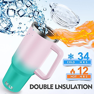 MaxBase 40 Oz Tumbler with Handle and Straw Lid, Insulated Reusable Stainless Steel Travel Mug Keeps Drinks Cold up to 34 Hours, 100% Leakproof Bottle (PinkGreen)