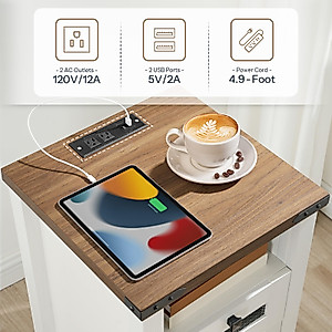 HOOBRO Nightstand with Charging Station, Farmhouse End Table with 2 Drawers Storage Cabinet, Sofa Side Table, 18" Rustic Night Stand for Bedroom, Living Room, White and Walnut WH146UBZ01