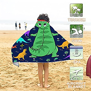 Dinosaur Beach Towel, Dinosaur Towel for Kids with Hood T-rex Hooded Towel for Boys 30x50 Cool Cartoon Microfiber Bath Towel Poncho Bathrobe for Swin Pool Cover Up, Green Blue Dinosaur Birthday Gifts