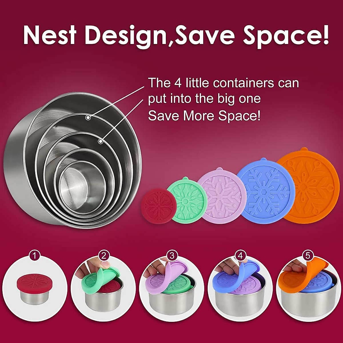 LIHONG Stainless Steel Containers with Lids,Snack Containers,Sauce Containers,Lunch Box for Kids Adults,Set of 9(1.7oz,3.4oz, 7oz,13oz, 21oz)