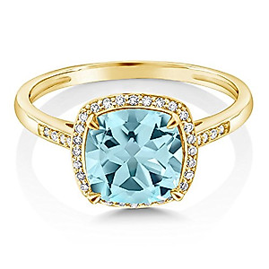 Gem Stone King 10K Yellow Gold Sky Blue Topaz and Diamond Engagement Ring For Women (2.74 Cttw, Gemstone Birthstone, Cushion Cut 8MM, Available in size 5, 6, 7, 8, 9)