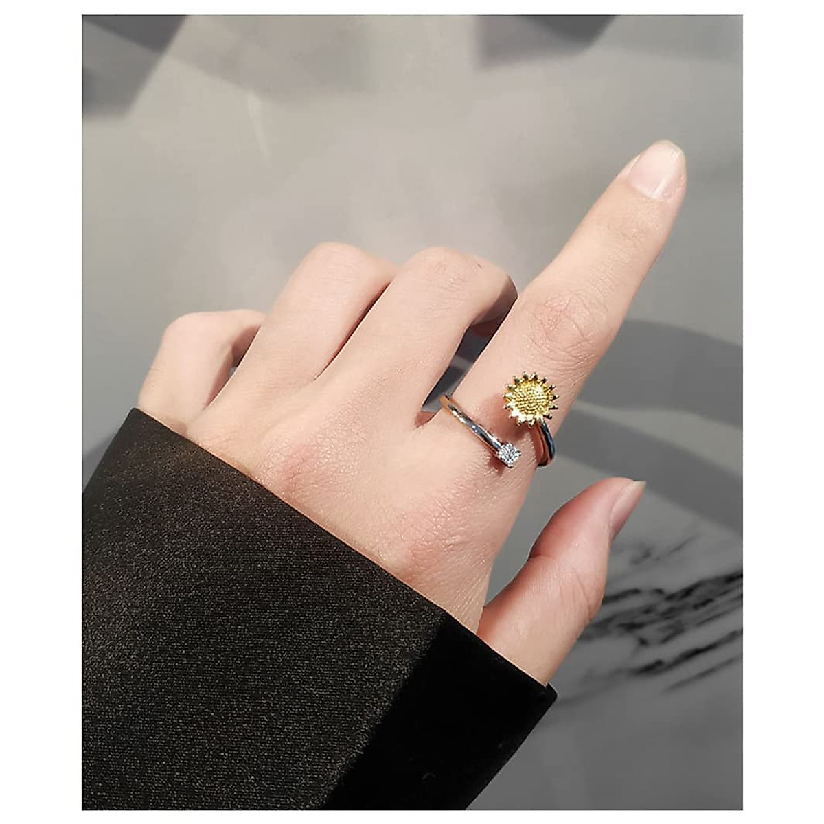 Yellow Sunflower Spinner Fidget Open Ring for Women Girls Crystal Cubic Zirconia Daisy Flower Adjustable Stacking Statement Thin Finger Rings Rotate Anti Worry Anxiety Expandable Band Cute Jewelry
