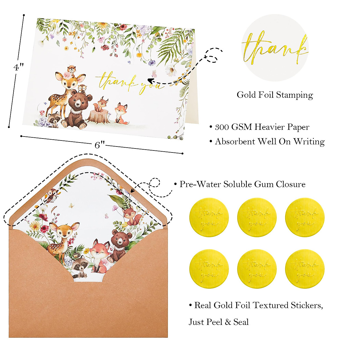 Crisky 50 Pack Woodland Thank You Cards Baby Shower Envelopes and Stickers Gold Foil Woodland Theme for Baby Shower Birthday Party Supplies 4×6 inch