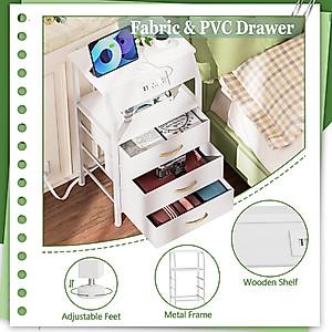 Furnulem Night Stand with Charging Station, 28.3 Inch Tall Bedside Table with PVC & Fabric Drawers, Side Table with USB Ports & Outlets, 3 Drawer Storage Nightstand for Bedroom, 3 Ways to Use, White