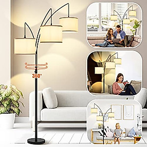 3 Lights Arc Floor Lamps for Living Room,Modern Tall Standing Lamp Hanging Over The Couch with Shades & Heavy Base,Mid Century Black Tree Floor Lamp for Bedroom Office