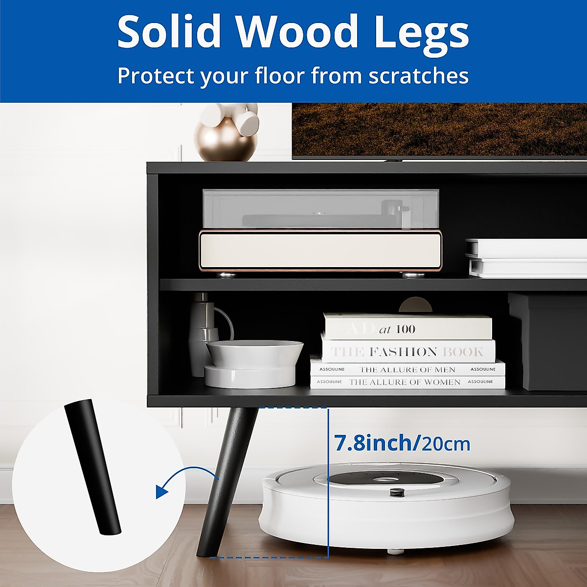 Cozy Castle TV Stand for 48 Inch TV, Mid Century Modern Entertainment Center with Storage Cabinet, TV Media Console for Living Room, Bedroom, Black