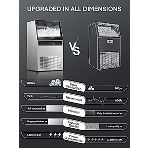 100lbs Commercial Ice Maker Machine per Day, Stainless Steel Housing Under Counter Ice Machine with 33lbs Storage Capacity, Freestanding Ice Maker, Ideal for Restaurant, Bars, Home Offices, FOHERE