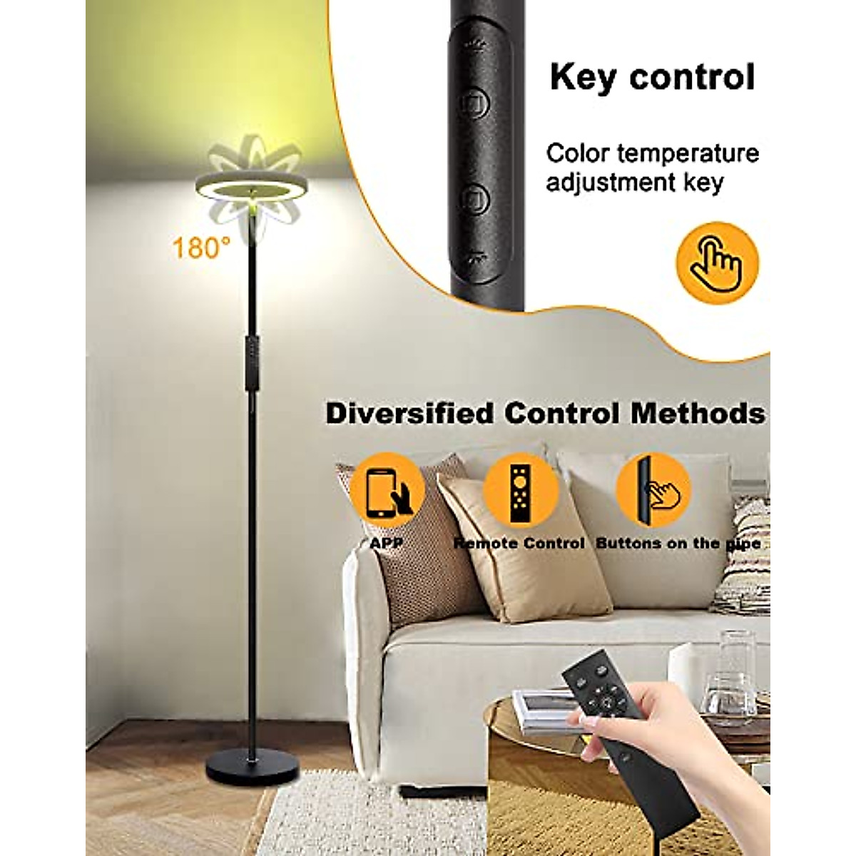 Hyskostar 2 Side Lighting Led Floor Lamp with Remote & Touch Control 24 W 1000LM, Dimmable 3 Color Temperatures,Tall Standing RGB Floor Lamps for Living Room,Bedroom