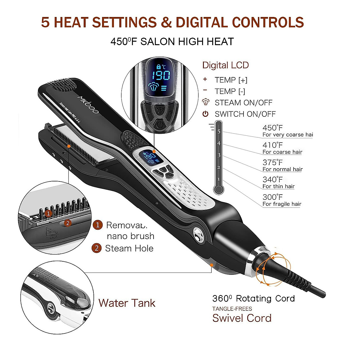 MKBOO Hair Straightener with Steam, Salon Professional Nano Titanium Ceramic Steam Flat Iron with Removable Comb+Digital LCD+5 Level Adjustable Temperature+Auto Temperature Lock Black