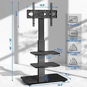 Rfiver Swivel Floor TV Stand with VESA Mount for 32 39 40 43 49 50 55 60 65 70 Inch Flat Screens/Curved TVs, 3-Shelf Tall Narrow TV Stand with Tempered Glass Base, Black Height Adjustable Mount Stand