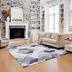 Casanta Living Machine Washable Rug - Geometric Abstract Area Rug - Neutral Gray Rug for Living Room, Bedroom, Entryway - Grey and Ivory White - 6x9