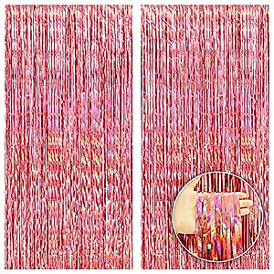 KatchOn, Holographic Rose Gold Fringe Curtain - Large, 6.4x8 Feet, Pack of 2 | Holographic Rose Gold Backdrop for Bachelorette Party Decorations | Rose Gold Streamers for Girls Night Decorations