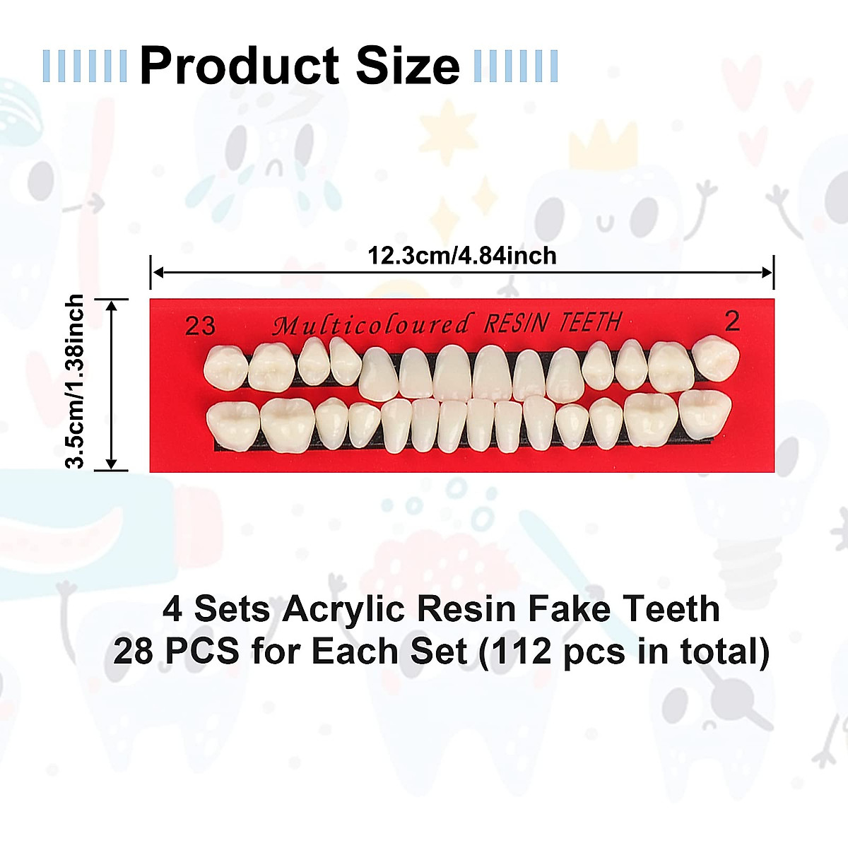 4 Sets Acrylic Resin Fake Teeth Complete Acrylic Resin Teeth Denture Dental Teeth Dentures Upper and Lower Synthetic Resin Teeth for Replacement DIY Halloween, 112 PCS, 23 A2