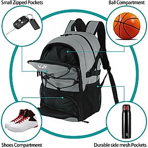 WOLT | Basketball Backpack Large Sports Bag with Separate Ball Holder & Shoes Compartment, Gifts for Basketball, Soccer, Volleyball, Swim, Gym, Travel (Light Grey)