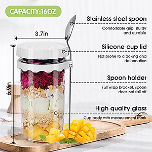 Overnight Oats Jars, Overnight Oats Containers with Silicone Lid and Spoon 16 oz,for Oats Yogurt,Milk,Fruit,breakfast,Leak-Proof Reusable Portable with Measurement Marks (W+G)